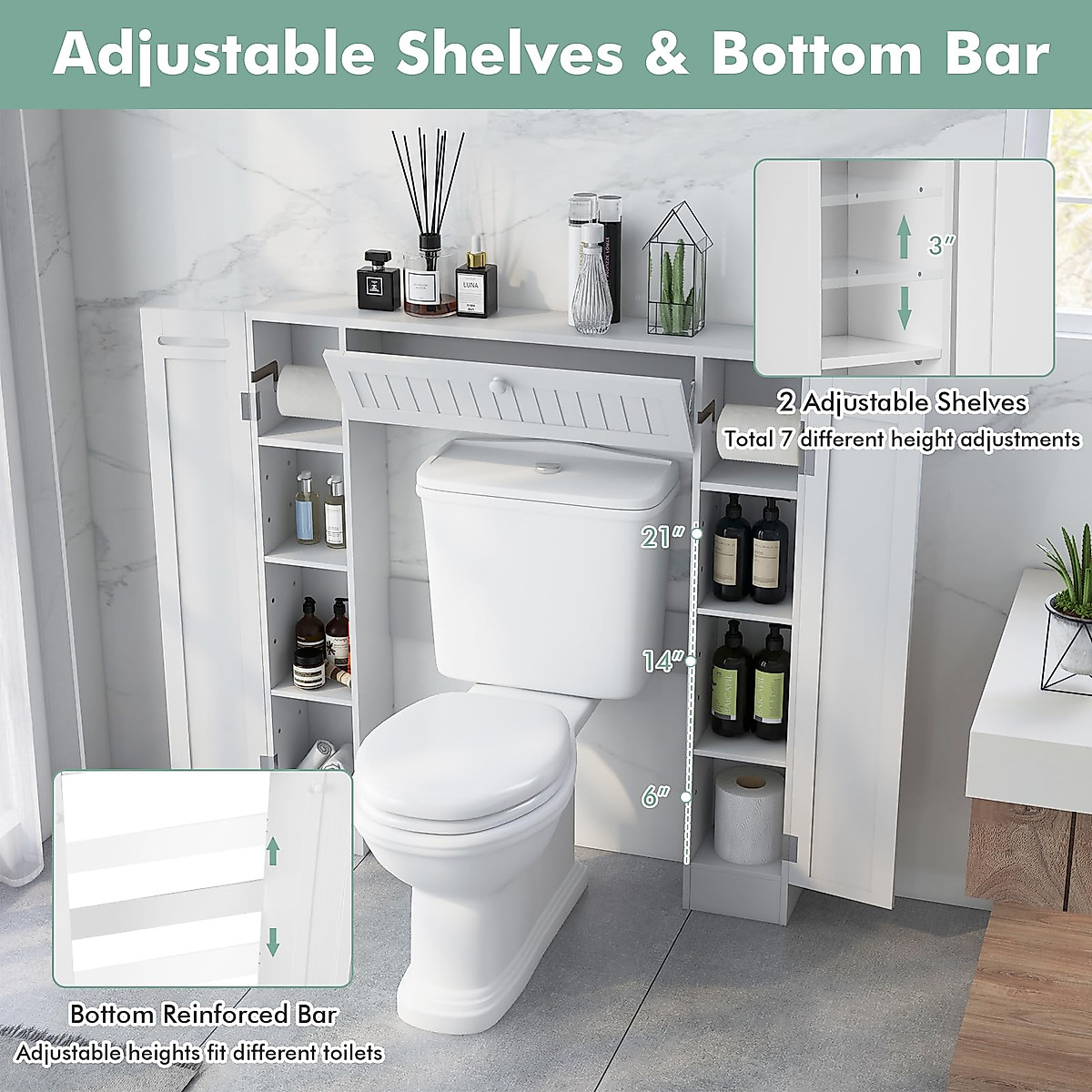 Tangkula Over The Toilet Storage Cabinet, Bathroom Space Saver w/Adjustable Shelves & Paper Holder, Freestanding above Toilet Organizer w/ 2 Side & Pull-Down Door for Bathroom Storage (White)