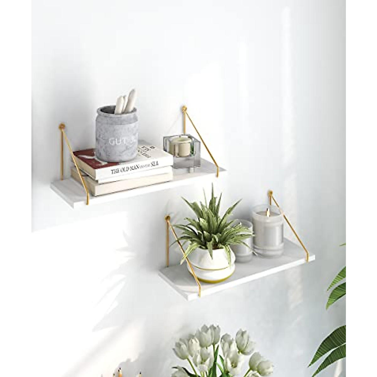 Afuly Floating Shelves Rustic Wall Shelves, Metallic Gold White Wall Mounted Shelves, Wall Hanging Storage for Bathroom Kitchen Bedroom, Wood Metal Chic Wall Bookshelf, Set of 2…