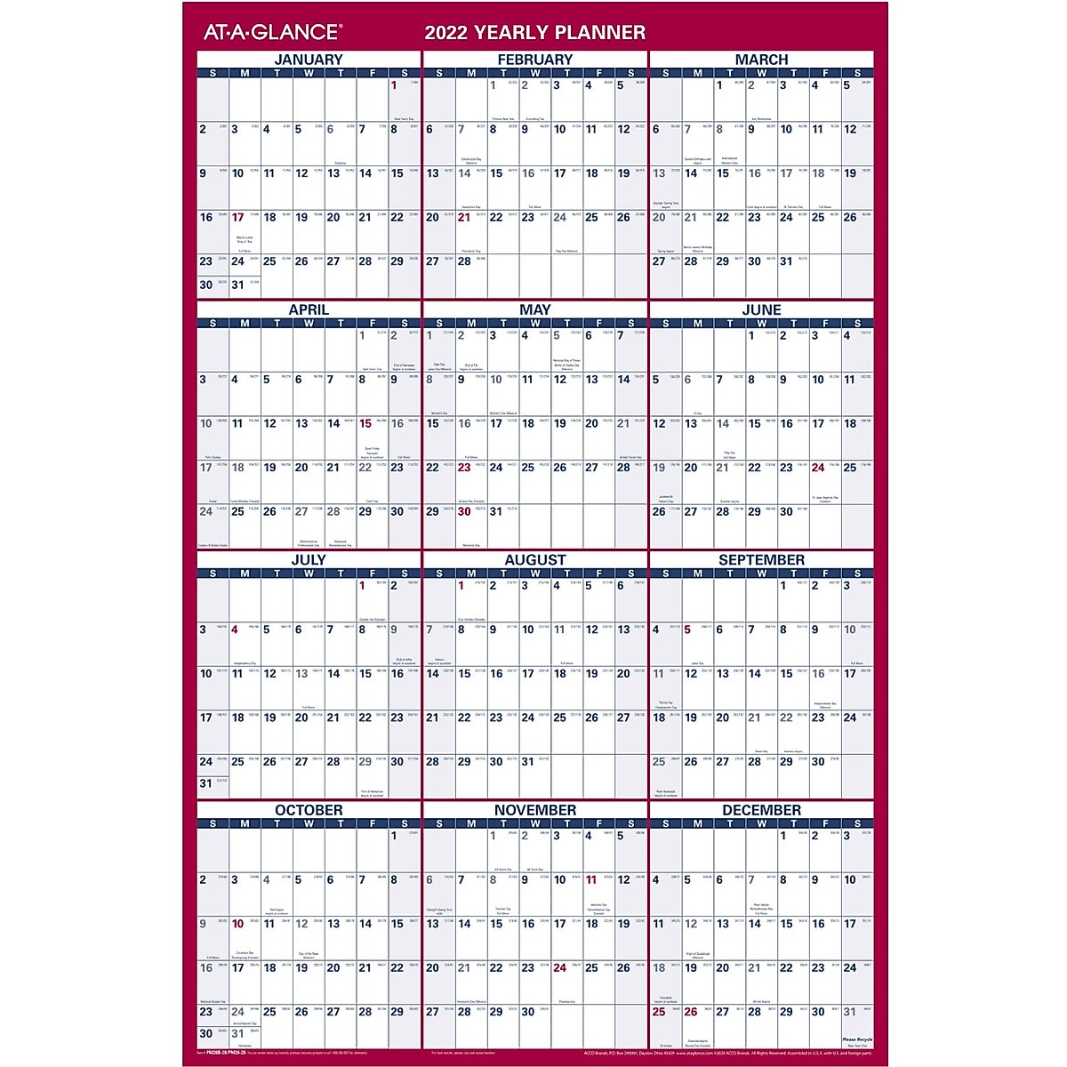 2022 Erasable Calendar, Dry Erase Wall Planner by AT-A-GLANCE, 36" x 24", Large, Vertical/Horizontal, Reversible, Includes Marker (PM2628)