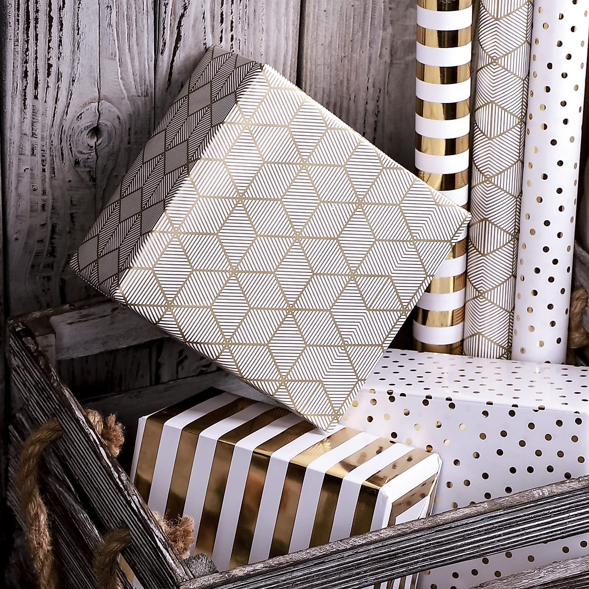 MAYPLUSS Wrapping Paper Roll - Mini Roll - 17 inch X 120 inch Per roll - White & Gold Foil Design (42.3 sq.ft.ttl)