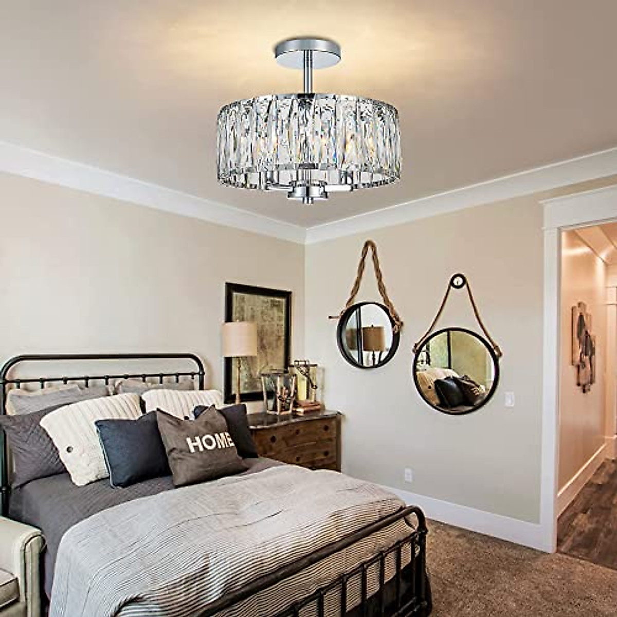 KARMIQI Crystal Flush Mount Ceiling Light 13 Inch Drum Semi Chandelier Flush Mount Light Fixture for Chrome Finish Ceiling Lamp for Dining Room Bedroom Kitchen Island Hallway Entryway