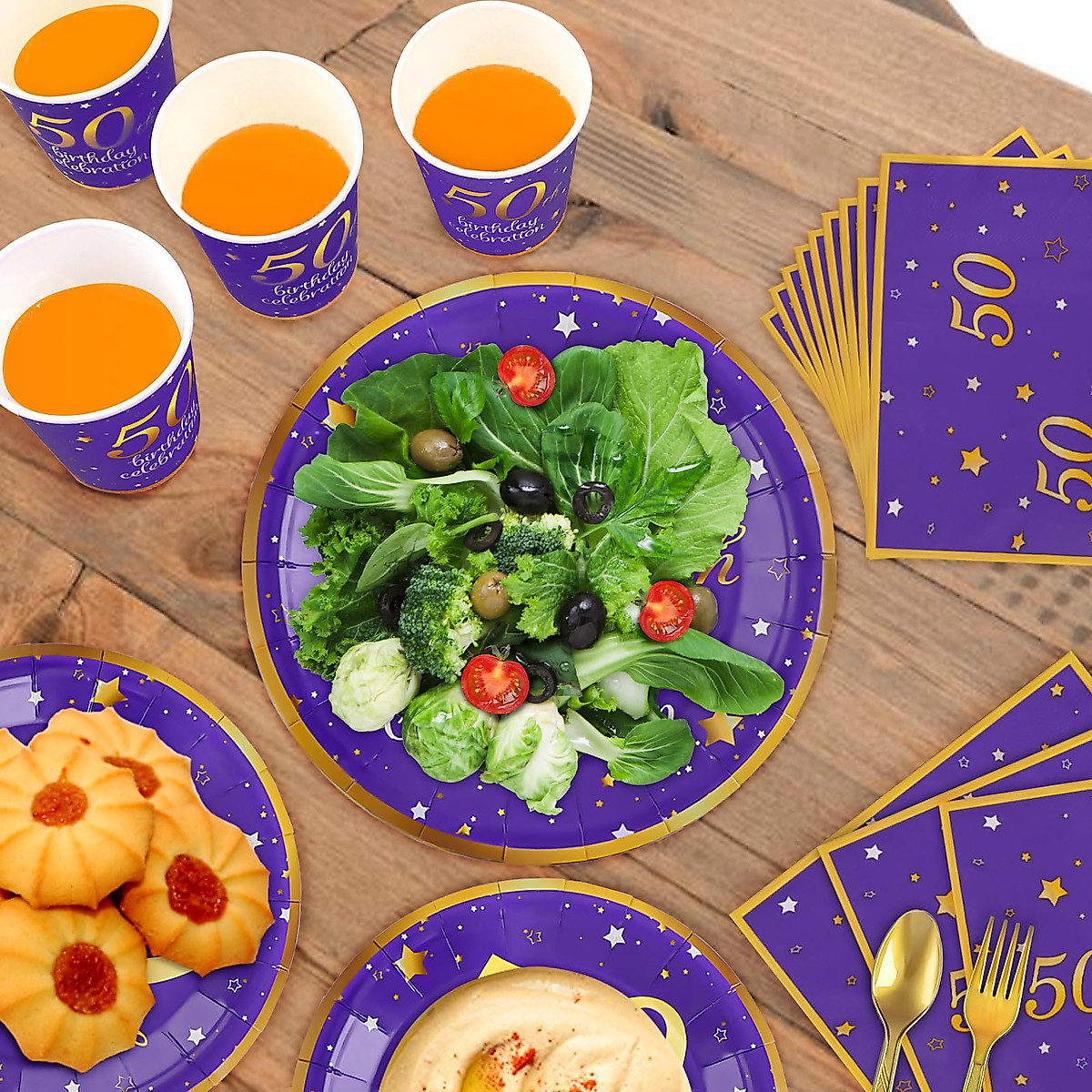 168PCS 50th Birthday Party Supplies Disposable Paper Plates Napkins Cups Knives Spoons Forks for Men women Purple and Gold 50 Birthday Party Decorations Serve 24