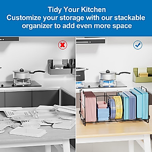 GAGUIUP Food Container Lid Organizer, Large Capacity Adjustable 4 Dividers Detachable Lid Organizer Rack for Kitchen Cabinets, Drawers, Plastic Lid Organizer For Pantry Shelves, Cupboards, Black
