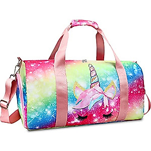 Gym Travel Duffle Bag for Girls - Gymnastics Sports Dance Bag with Shoe Compartment & Wet Pocket Unicorn Kids Travel Bag Teens Weekender Sleepover Carry On Bag