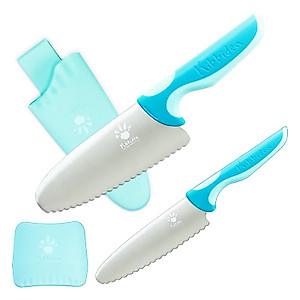 Kibbidea 4 Pcs kids knife set for real cooking, Kids First Cutting Knife Set, Round Tip Kids Friendly Kitchen Knife, BPA-free Stainless Steel Kids Chef Knife to Learn to Cook (Blue)