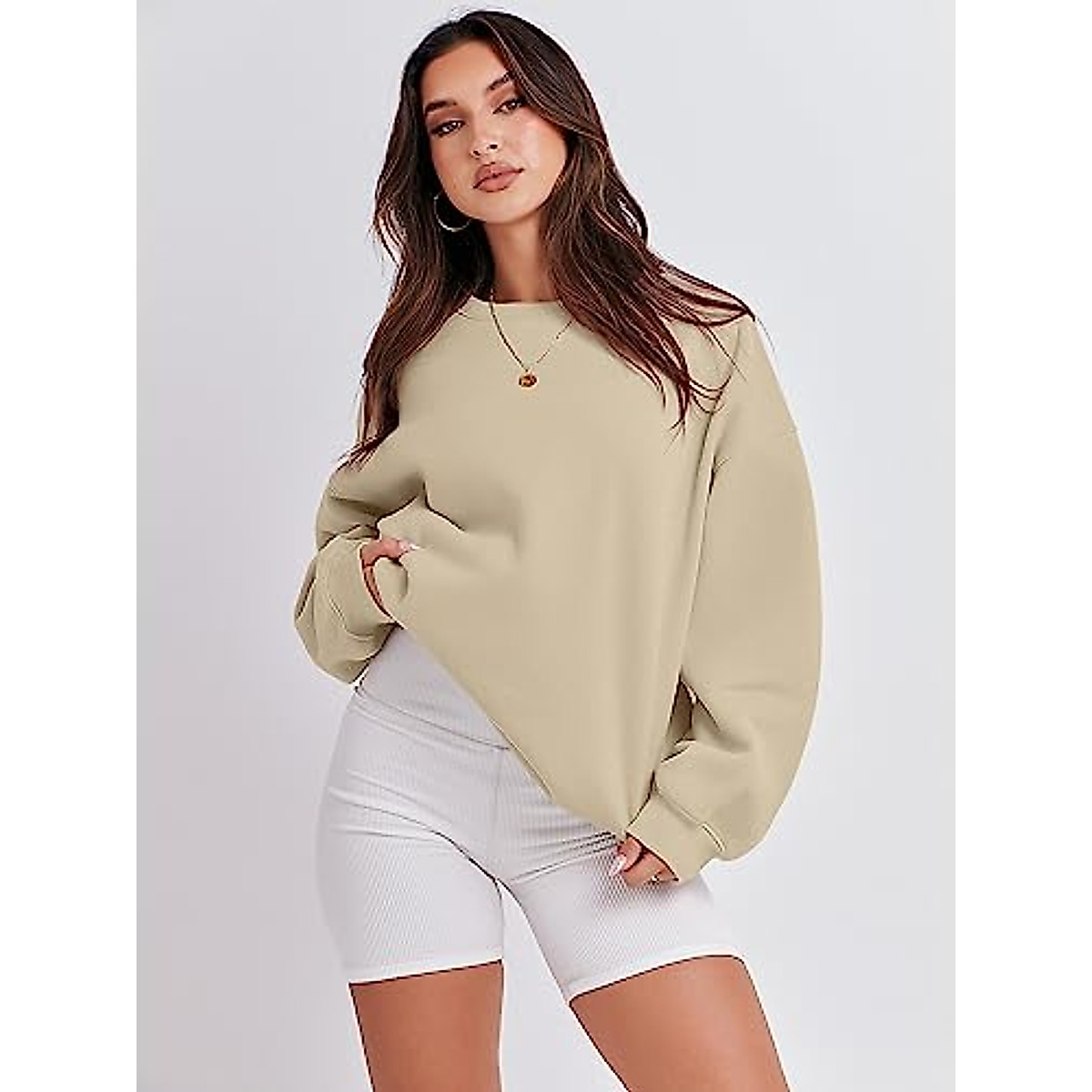 Caracilia Women's Long Sleeve Sweatshirts Crewneck Loose Fit Cotton Fuzzy Khaki Pull Over 2023 Fall Fashion Outfits Oversized Cute Teen Girls Solid Y2K Fleece Hoodie C102A6-zongse-M