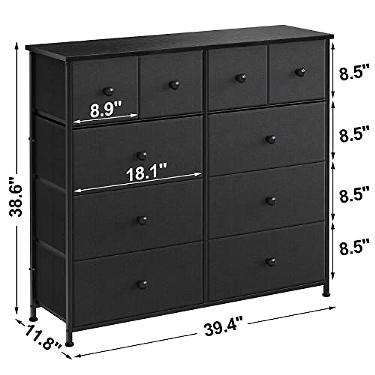REAHOME 10 Drawer Dresser for Bedroom Fabric Storage Tower Wide Black Dresser with Wood Top Sturdy Steel Frame Storage Organizer Unit for Living Room Hallway Entryway Closets Nursery (Black Grey)