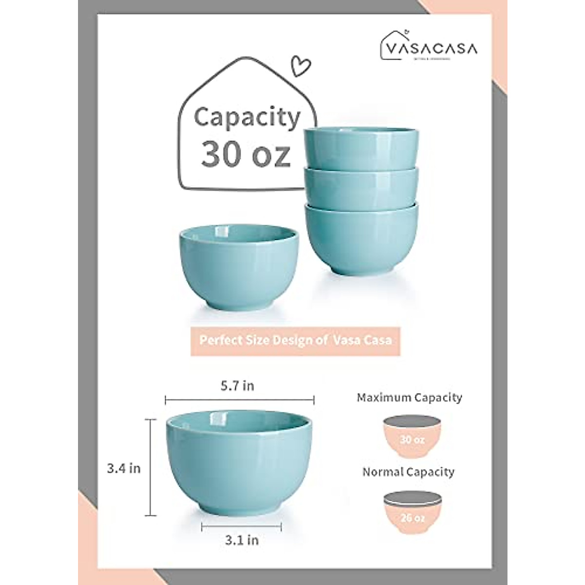 Vasa Casa Ultra-Deep 30 Ounces Soup Bowls, Large Cereal Bowls, Ceramic Serving Bowls Set for Kitchen, Rice, Pasta, Salad, Oatmeal and Noodle, Dishwasher & Microwave Safe, Set of 4, Turquoise