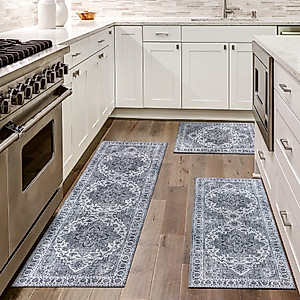 WOBUBU Kitchen Rugs Sets of 3 Washable Kitchen Mats for Floor 3 Piece Kitchen Rug Set Non Slip Kitchen Runner Carpets for Laundry Room Entryway Grey