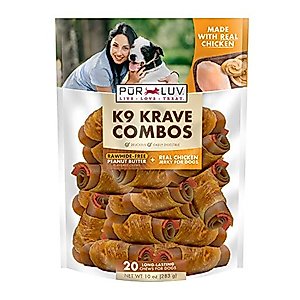 Pur Luv K9 Kraves Rawhide Free Bone Dog Treats, Peanut Butter Flavor, Made with Real Peanut Butter and Chicken, Healthy, Easily Digestible, Long Lasting, and High Protein Dog Treat, 20 Count