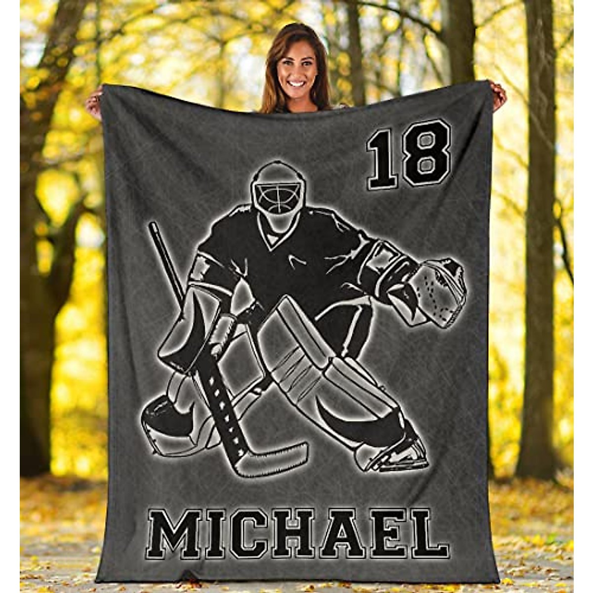 OhaPrints Custom Dark Grey Hockey Blanket Hockey Boy Player Personalized Name Number Soft Sherpa Throw Blankets Cozy Fuzzy Fleece Throws for Tv Sofa Couch Comfy Fluffy Blanket 30X40 50X60 60X80