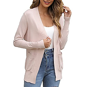 VOIANLIMO Women's Open Front Long Sleeve Knit Casual Soft Light Pink Cardigan Sweater with Pockets L Size