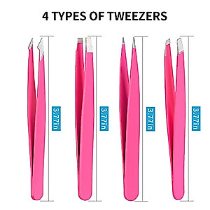 Eyebrow Tweezers Set Best Precision Tweezers 4-Piece Professional Stainless Steel Tweezer For Facial Hair Removal & Ingrown Hairs, Splinter & Blackhead Acne Remover Daily Beauty Tool - EMEOW (Red)