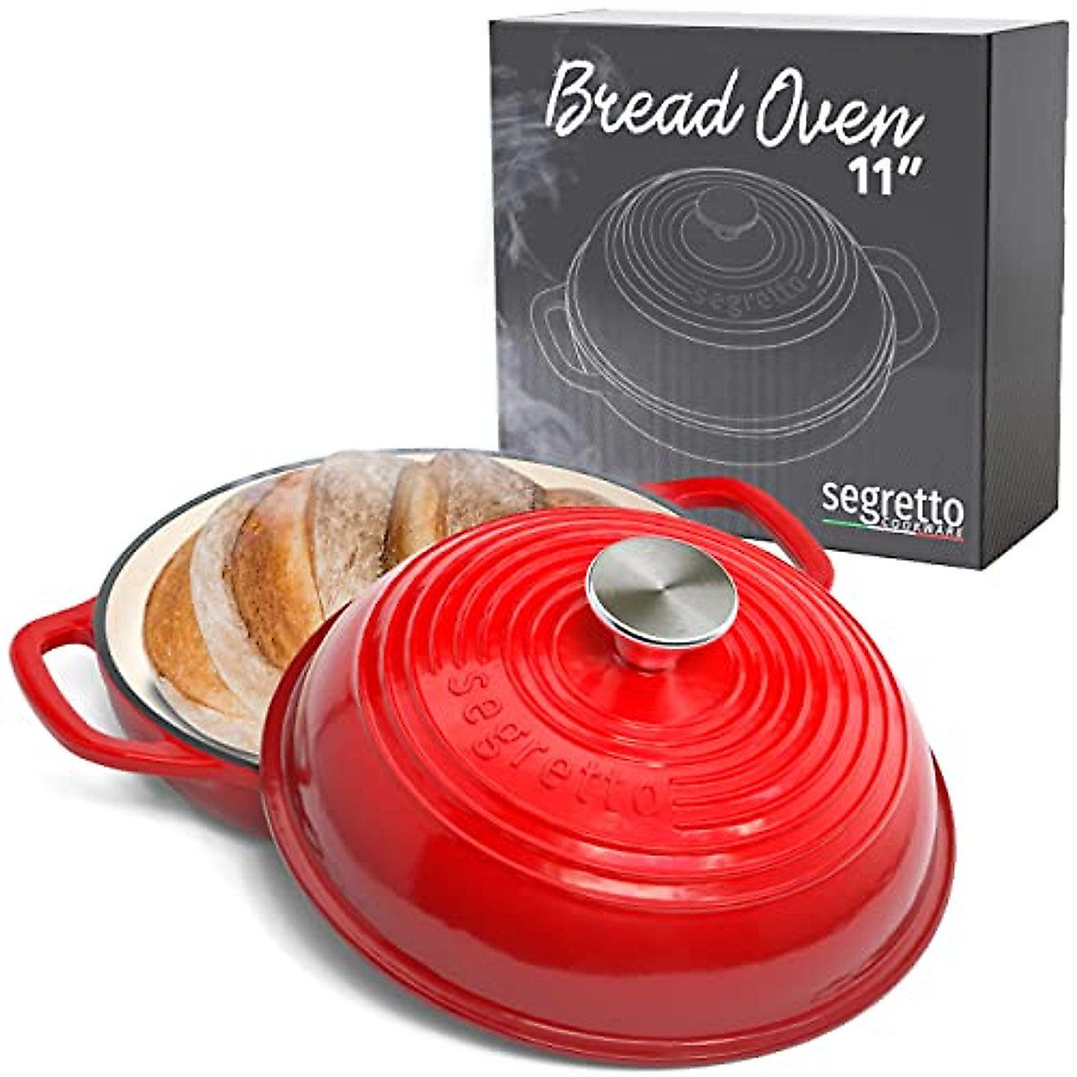 Enameled Cast Iron Bread Pan with Lid, 11” Red Bread Oven Cast Iron Sourdough Baking Pan, Dutch Oven for Bread, No Seasoning Needed -Segretto Cookware