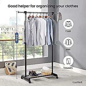 LiaMeE Free Standing Clothing Rack on Wheels, Adjustable Garment Rack & Organizer, Extendable Rolling Clothes Rack with Shelf & Grid, Easy Assembly Standard Rod for Hanging Clothes, Black & Chrome