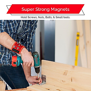 BYKES Magnetic Wristband for Holding Screws, Nuts, Nails and Bolts | Powerful Super Strong Magnetic Tool Wristband for Men and Women | Large Magnetic Wrist Tool Holder | Tool Gifts for Men | Red/Black