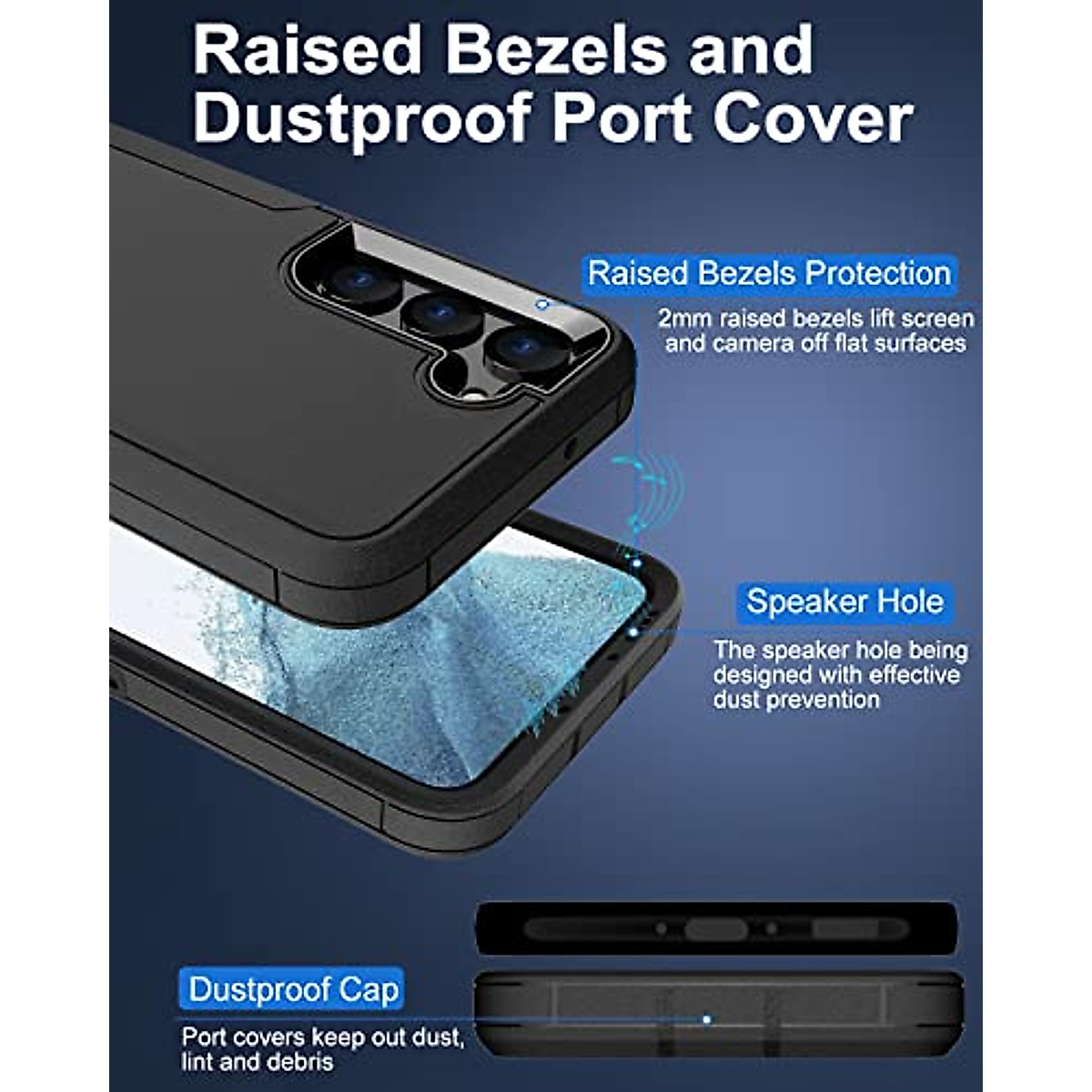 Dahkoiz for Samsung Galaxy S23 Case, with Dust-Proof Port Cover, Full Body Protection Rubber Cover Phone Case for Samsung Galaxy S23 5G 6.1-Inch, Black/Black