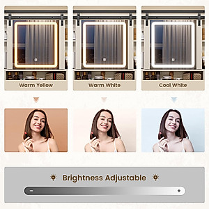 HAUOMS Farmhouse Makeup Vanity Desk with Sliding Lighted Mirror, Glass Top Vanity Desk with Power Outlet, Rustic Vanity Set, Antique White