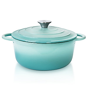Trustmade 4.5 QT Cast Iron Dutch Oven, Enamel Coated Cookware Pot with Self Basting Lid for Home Baking, Braiser, Cooking, Aqua