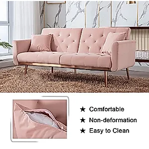 SLEERWAY Velvet Futon Sofa Bed with 5 Golden Metal Legs, Sleeper Sofa Couch with Two Pillows, Convertible Loveseat for Living Room and Bedroom, Pink