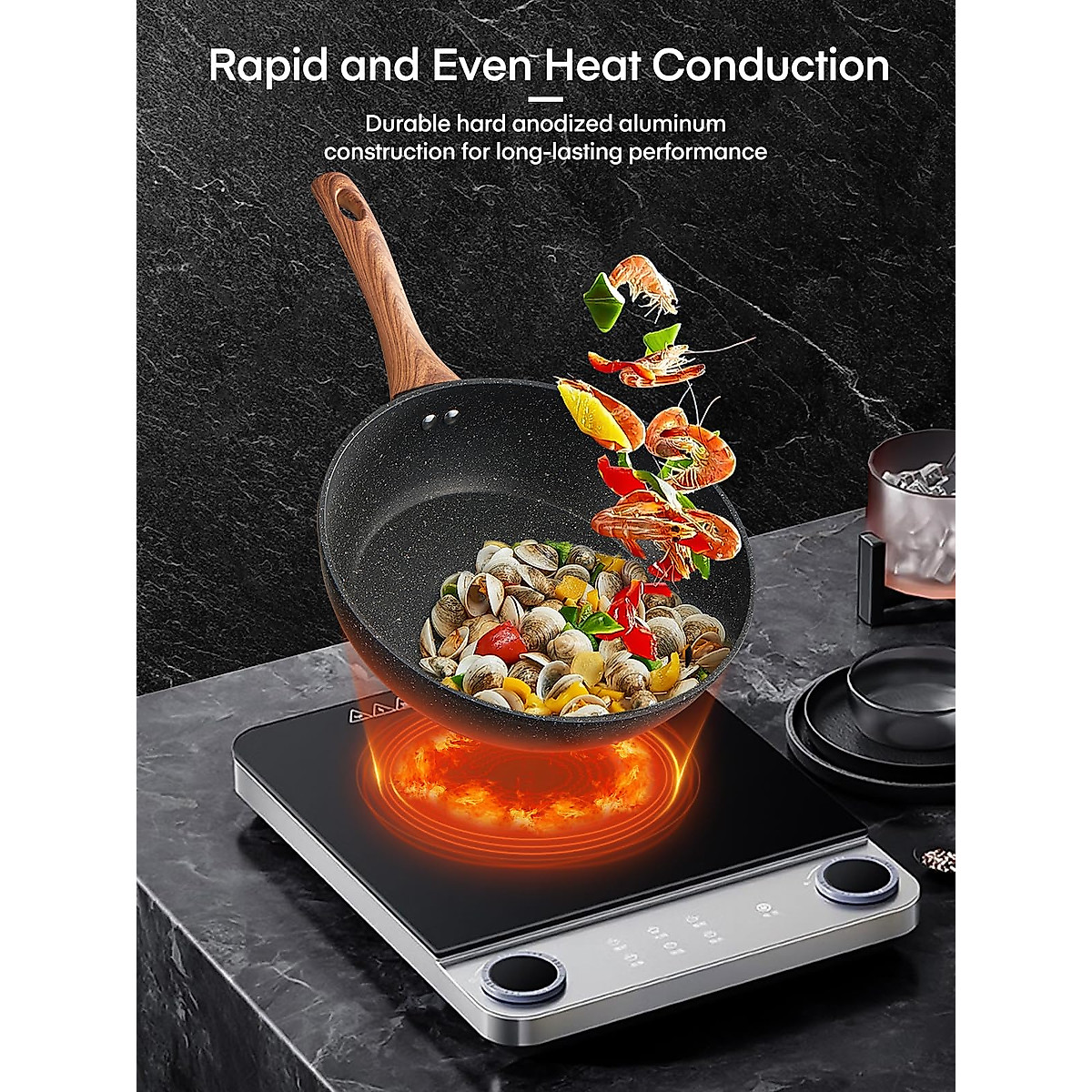 FOHERE Pots and Pans Set with Lids 15 PCS, Aluminum Nonstick Induction Cookware Sets, with Frying Pans, Saucepans, Stock Pot, Pizza Pan, Griddle Pan, and Food Steamer, Silicone Food Strainer, Black