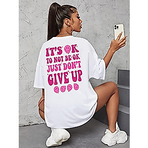 Cozyease Women's Graphic Tees Slogan Print Short Sleeve Round Neck Oversized T Shirt White and Pink XL