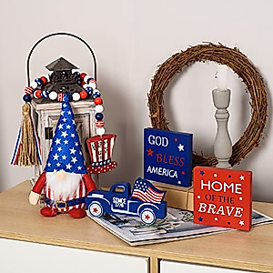 5 Pcs Independence Day 4th of July Tiered Tray Decor Patriotic Gnomes Plush Mini Wood Sign Wooden Stars and Stripes Bead Memorial Day Decorations