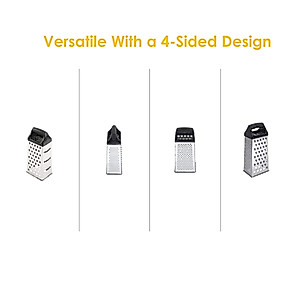 Stainless Steel Box Grater (9 x 4 x 3 inches), 4 Sided Hand Shaver, Grater and Slicer, Great for Parmesan Cheese, Vegetables, Ginger, XL Size, Black handle