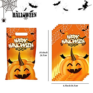 Artby7 50 Pcs Halloween Crafts Plastic Bag With Die Cut Handle, 6.5''x10'' Trick or Treat Bags Goodie Bags Halloween Candy Gift Bags for Halloween Party Favors Supplies Decorations