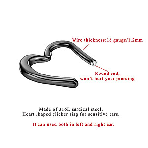 FANSING 16 Gauge Black Daith Earrings Left Ear Right Ear 8mm Daith Piercing Jewelry Surgical Steel 16g Heart Shaped Hinged Ring Hoop 316L Stainless Steel