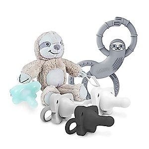 Dr. Brown's HappyPaci 100% Silicone Pacifier, Flexees Beaded Teether Rings, and Lovey Pacifier Holder & Teether Clip, Grey Sloth