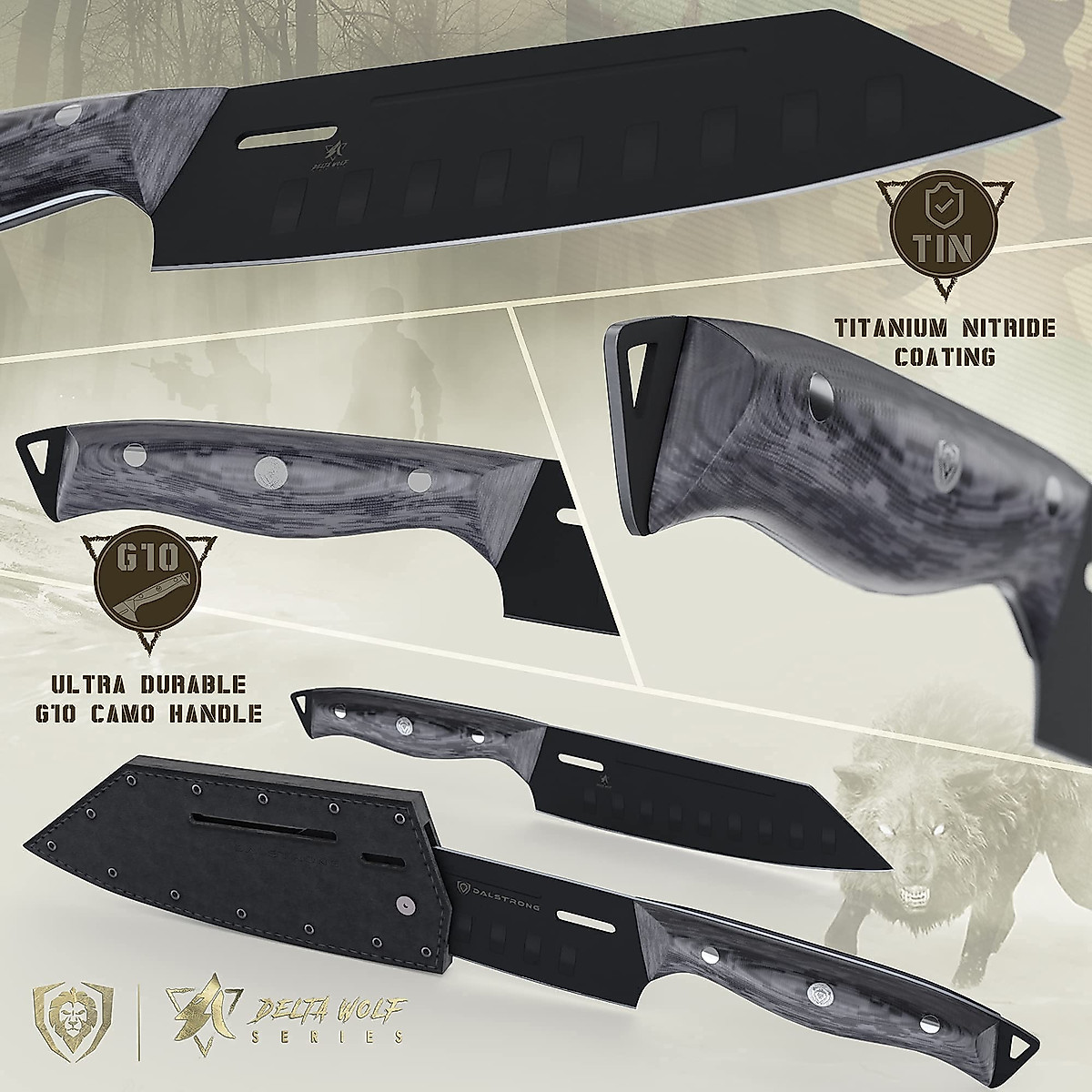 DALSTRONG Delta Wolf Series Santoku Knife 7" Bundled with Delta Wolf Series Paring Knife 4" with PU Leather Sheath - Black Titanium Nitride Coating - G10 Camo Handle