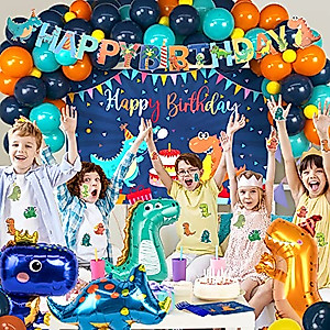 HJINGY 265 PCS Dinosaur Party Decorations, Blue Dinosaur Birthday Party Supplies for Boys Include Dinosaur Balloons, Customized Backdrop, Happy Birthday Banner, Tablecloth, Plates, Cake Toppers