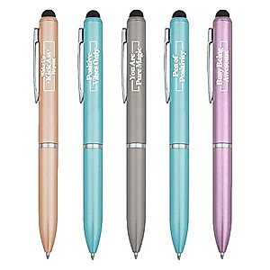Cheersville 5 Pack Pastel Pens with Stylus Tip - Assorted Designs Motivational Quotes - Ballpoint Black Ink Fine Point 0.5mm, Assorted Designs School Office Home Onboarding Employee Gifts