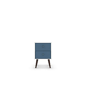 Manhattan Comfort Liberty Collection Mid Century Modern Nightstand With Two Drawers, Splayed Legs, White/Blue