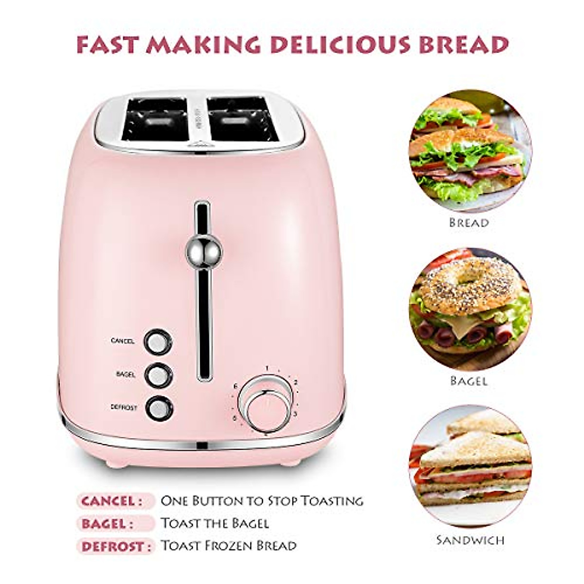 REDMOND 2 Slice Toaster Retro Stainless Steel Toaster with Bagel, Cancel, Defrost Function and 6 Bread Shade Settings Bread Toaster, Extra Wide Slot and Removable Crumb Tray, Pink, ST028