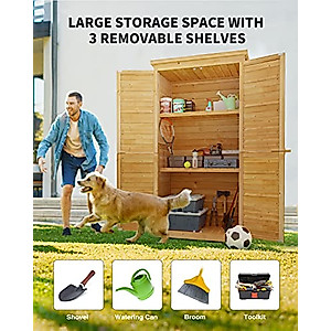 Gizoon Outdoor Storage Cabinet with 3 Shelves, Double Lockable Wooden Garden Shed with Waterproof Roof, Outside Vertical Tall Tool Shed for Yard Patio Lawn Deck-Natural