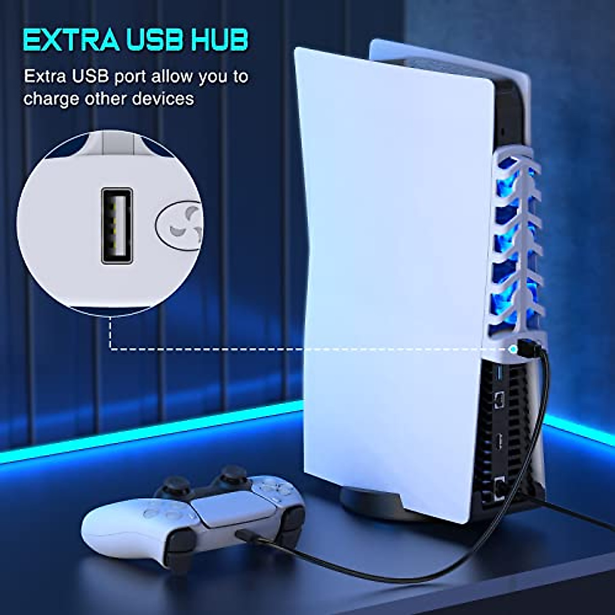 EXTREMECOOL PS5 Cooling Fan, PS5 Accessories PS5 Cooler with 3 High-Speed Cooling Fans (5000RPM) and Cool LED Light, PS5 Fan Cooling Fan Come with USB Port for Sony PS5 Digital/Disc Edition