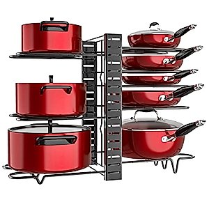 ASHARE Pot and Pan Organizer for Cabinet Adjustable 8 Tiers Pan Pot Lid Organizer Rack Holder with 3 DIY Methods Height Adjustable for Kitchen Counter and Cabinet, Black