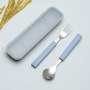 VANRA 2-Piece Children Flatware Set 18/10 Stainless Steel Child Tableware Set Silver Cutlery Set Silverware Dinner Utensils Spoon Fork Set with Travel Case for Kids (Chrome Finished) (Blue)