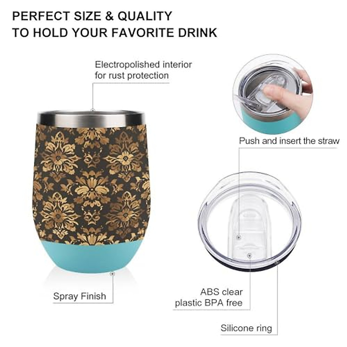 OPTKSNCU 304 Stainless Steel Insulated Cup with Lid, Vintage Gold Black Tan Floral Print Durable, And Easy to Clean – Ideal for Home, Office, And Gift Giving