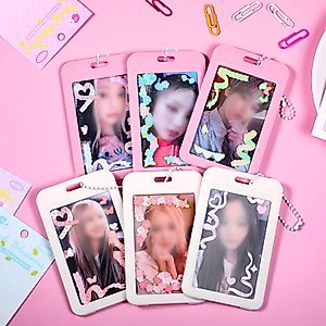 6 Pcs Kpop Photocard Holder 2.1 x 3.3 Inch Kpop Cardholder Plastic Cover Holder Korean Stickers Colorful Decorative Stickers for Photocards Confetti Stickers Korean Ribbon Sticker with Keychain