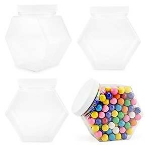 Cornucopia Plastic Hexagon Shaped Jars (4-Pack, 30oz); Value Pack of Containers for Snacks, Gifts and Storage, 2 1/2 Cup Capacity, 5 x 5 x 3 Inches