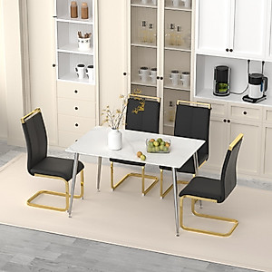 OUYESSIR Rectangular Dining Table for 4-6, Modern Kitchen Dining Room Table with 0.4" Imitation Marble Glass Tabletop and Metal Legs, Dinner Table Kitchen Table for Kitchen Dining Room