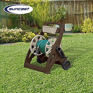 Suncast Hosemobile Portable Garden Hose Reel Cart with Wheels, Crank Handle, and Storage Tray for Gardening Accessories, 225' Hose Capacity, Mocha
