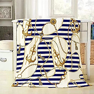 Beabes Gold Anchor Plush Blanket Throw Luxury Chains Coins Marine Navy Stripes Soft Bed Blankets for Home Bedroom Office Sofa Couch 50x60 Inch Throw Blanket
