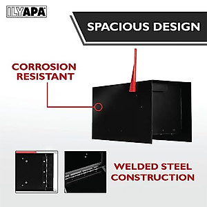 Ilyapa Tab Design Mailbox, Ready to Post Mount - All Black Powder Coated Steel Heavy Duty Curbside Welded Mailbox, All Weather Durable & Corrosion Resistant, Stainless Steel Hinges & Magnetic Door