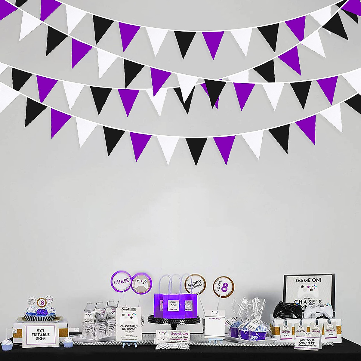 32Ft Purple Black White Graduation Party Decorations 2023 Halloween Pennant Banner Fabric Triangle Flag Bunting Garland for Wedding Birthday Home Nursery Outdoor Garden Hanging Festivals Decoration