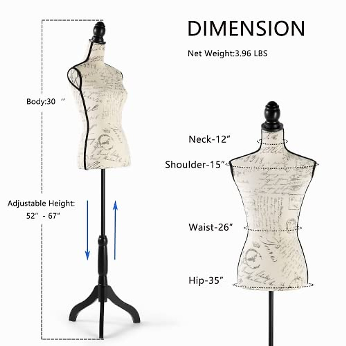 Encomle Dress Form Female Mannequin Torso, Height Adjustable Mannequin Body with Stand for Sewing, Display, Ivory