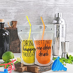 UTILE 50PCS Drink Pouches for Adults with Individually Wrapped Colorful Straws, Reclosable Zipper Smoothie Drink Bags with Multiple Texts – Heavy Duty Hand Held Translucent with Funnel Included